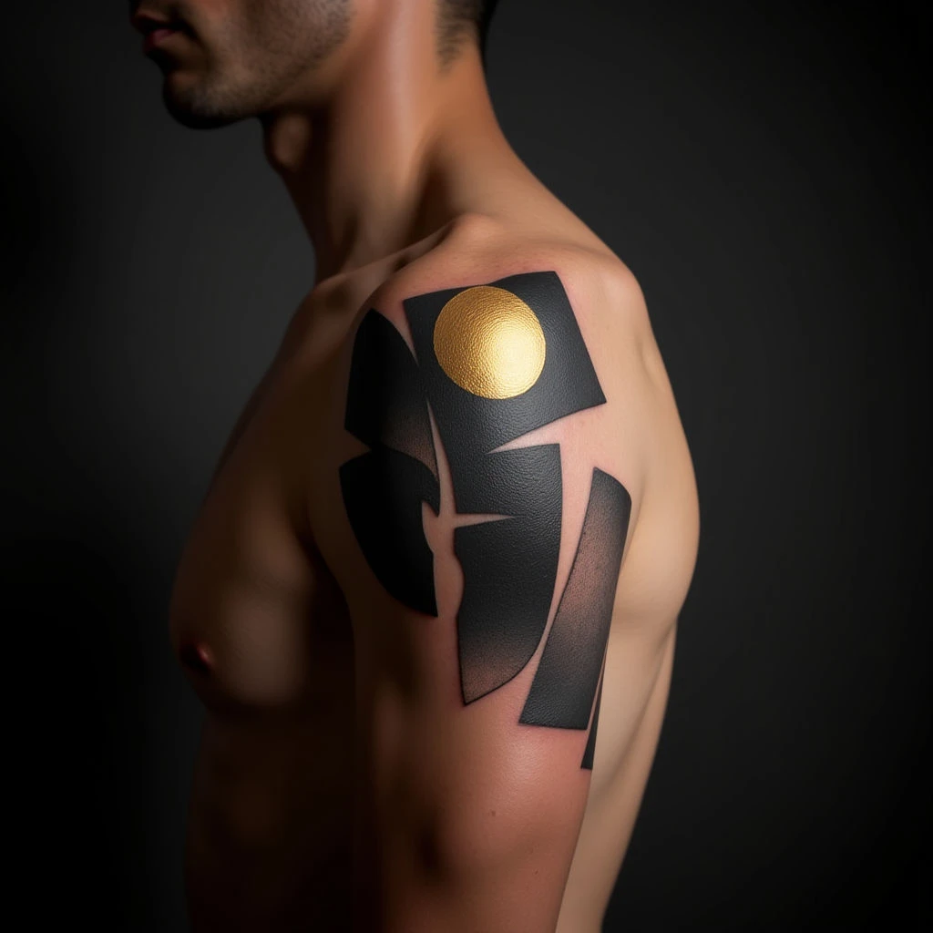 Geometric Abstract Shoulder Tattoos in Black & Gold - TattoosTours
